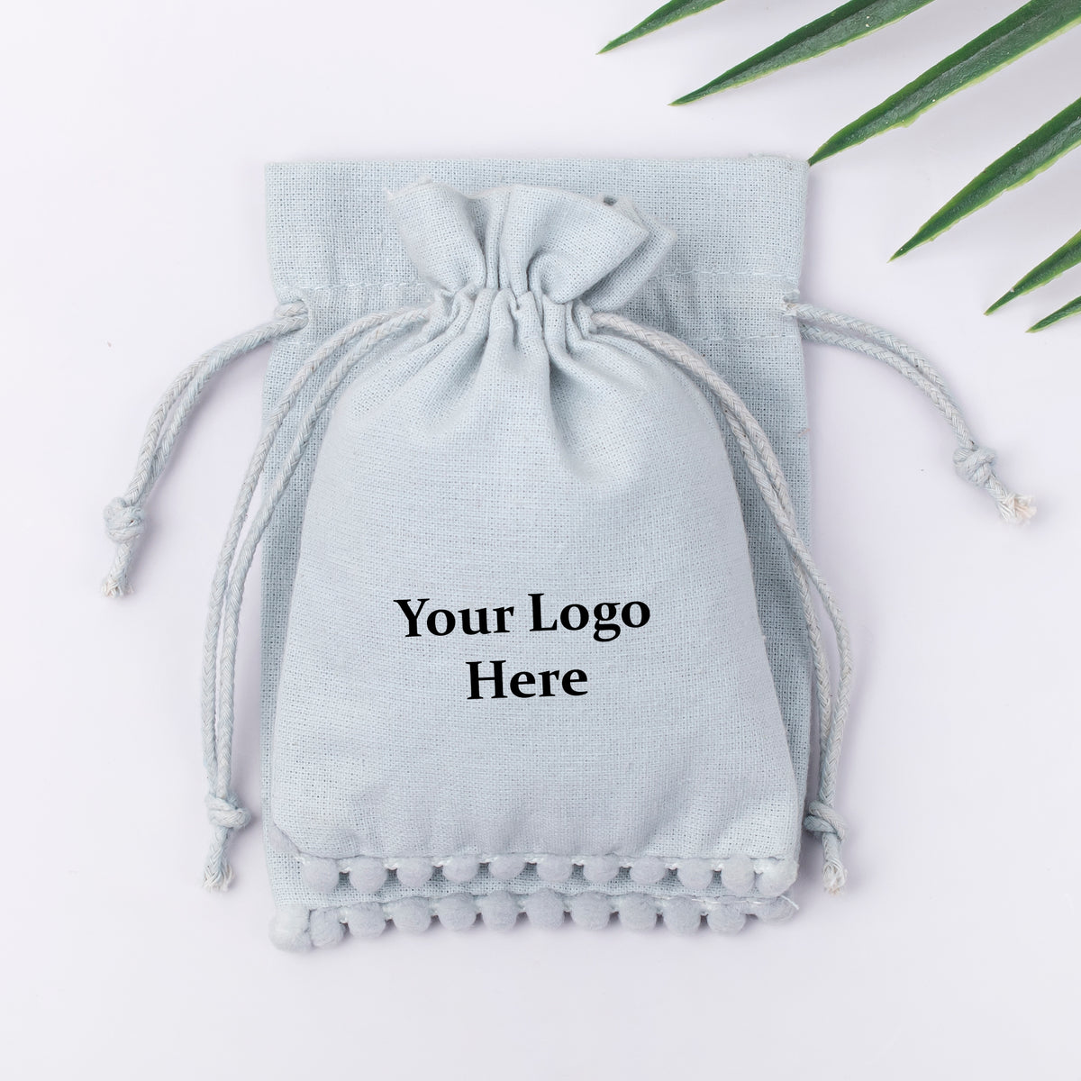 Light Grey Bottom PomPom Drawstring Jewelry Pouch Bag With Logo ...